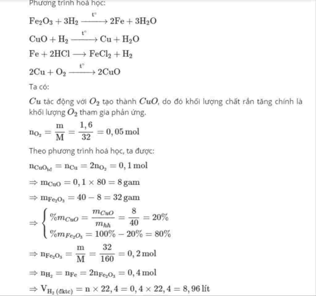 Hóa học Lớp 8: 7. Dẫn từ từ khí H2 dư đi qua 40 gam hỗn hợp A gồm CuO ...