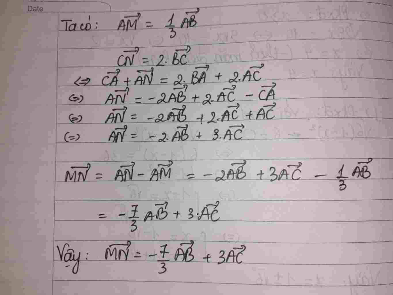 Toán Lớp 10: Cho tam giác ABC có M,N thỏa mãn vecto AM=1/3 vecto AB, vecto CN=2vecto BC. CMR ...