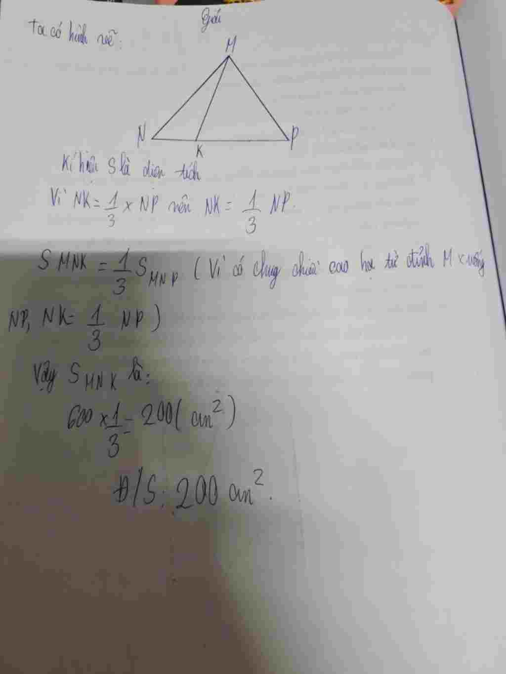 Toán Lớp 4: Cho Tam giác MNP, trên NP lấy điểm K sao cho NK=1/3xNP.tính Snmk biết Smnp= 600cm2