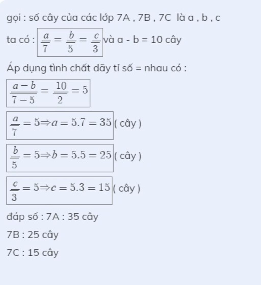 Toán Lớp 7: Ba lớp 7A, 7B, 7C trồng cây được số cây tỉ lệ với 3,5,7.Hỏi ...