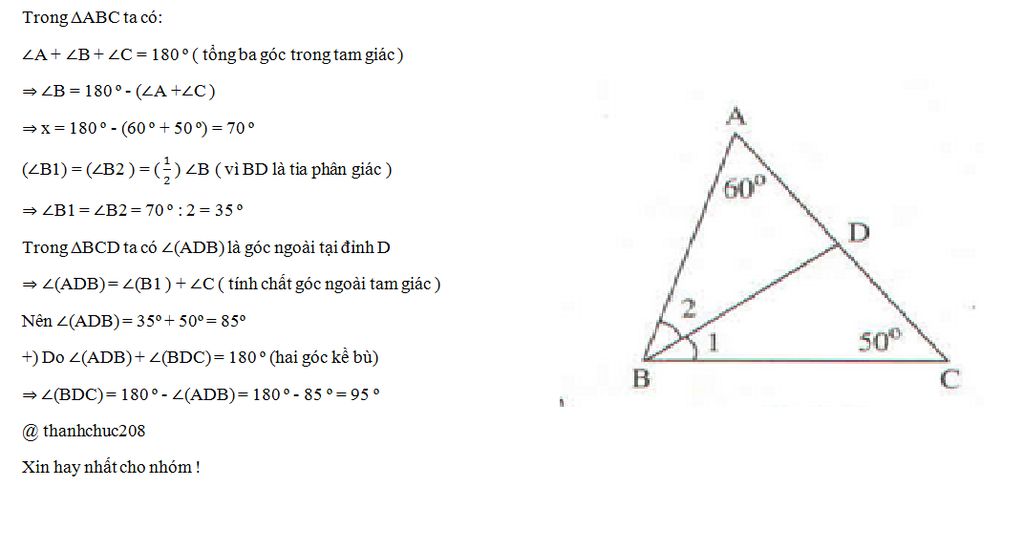 Toán Lớp 7: Bài 3. Cho tam giác ABC có ????̂ = 60°, ????̂ = 50°. Tia phân giác góc B cắt AC tại ...