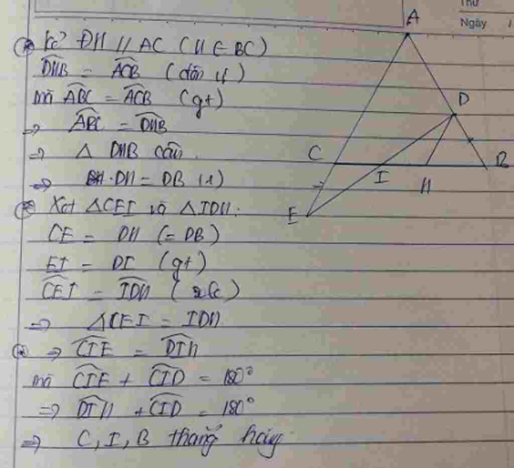 Toán Lớp 7: Cho ABC có AB = AC. Trên cạnh AB lấy điểm D, trên tia đối của tia CA lấy điểm E sao ...