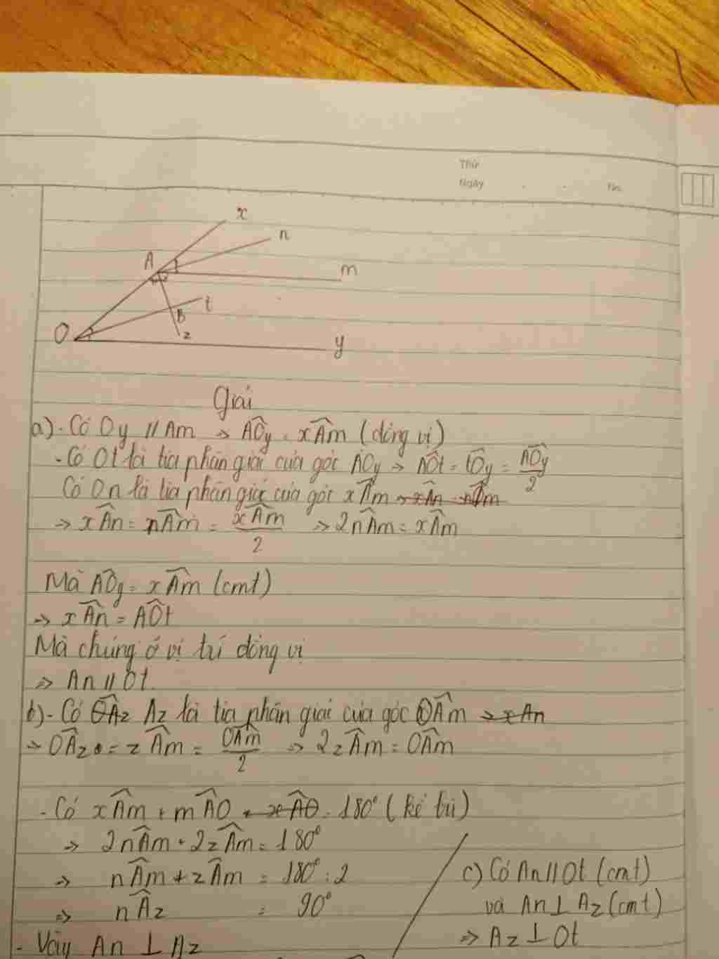 Toán Lớp 7: Cho góc nhọn xOy Lấy điểm A thuộc tia Ox Trong góc xOy, vẽ tia Am // Oy. Gọi Ot, An ...