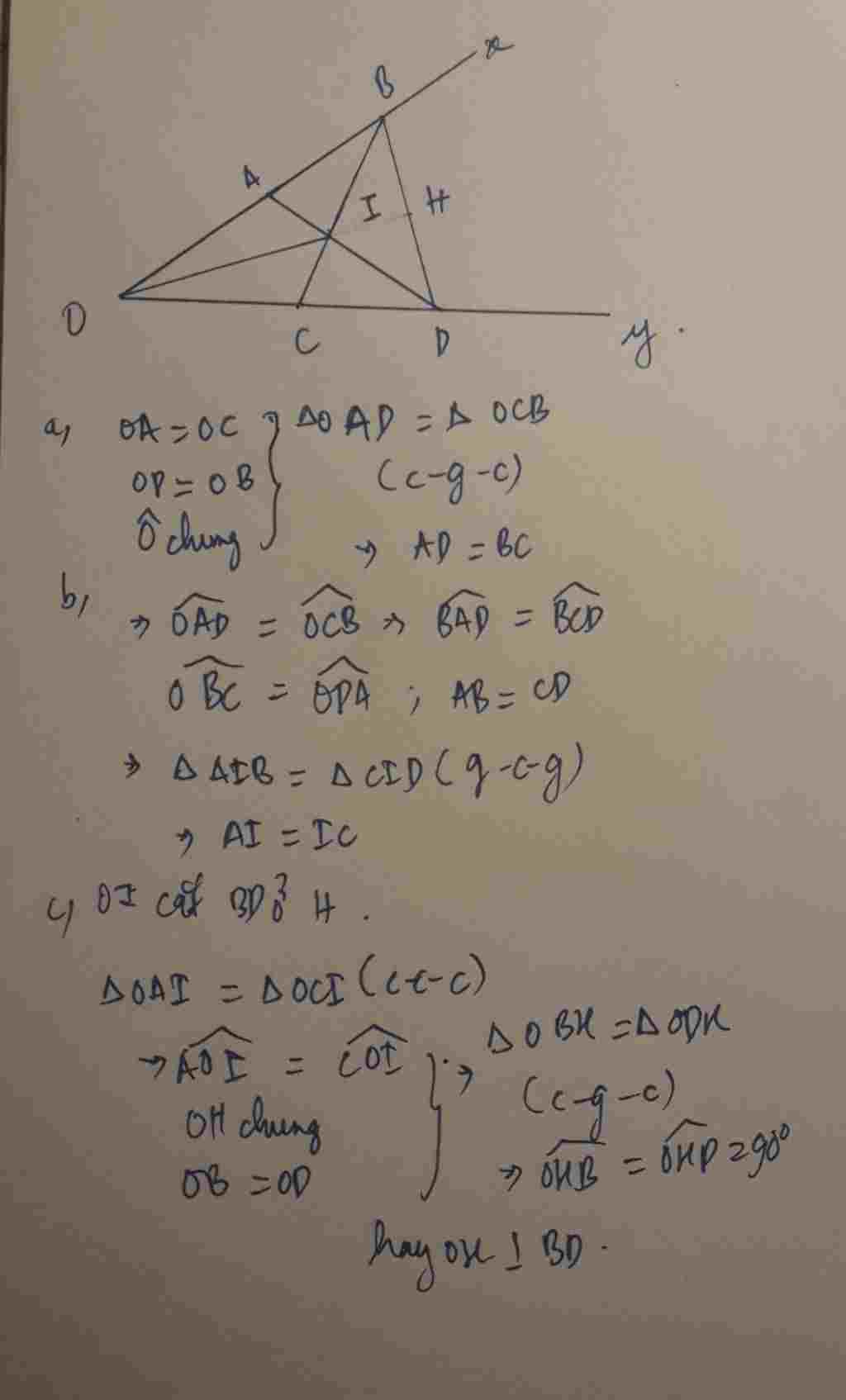 Toán Lớp 7: Cho góc nhọn xOy. Trên tia Ox xác định hai điểm A và B sao cho điểm A nằm giữa hai ...