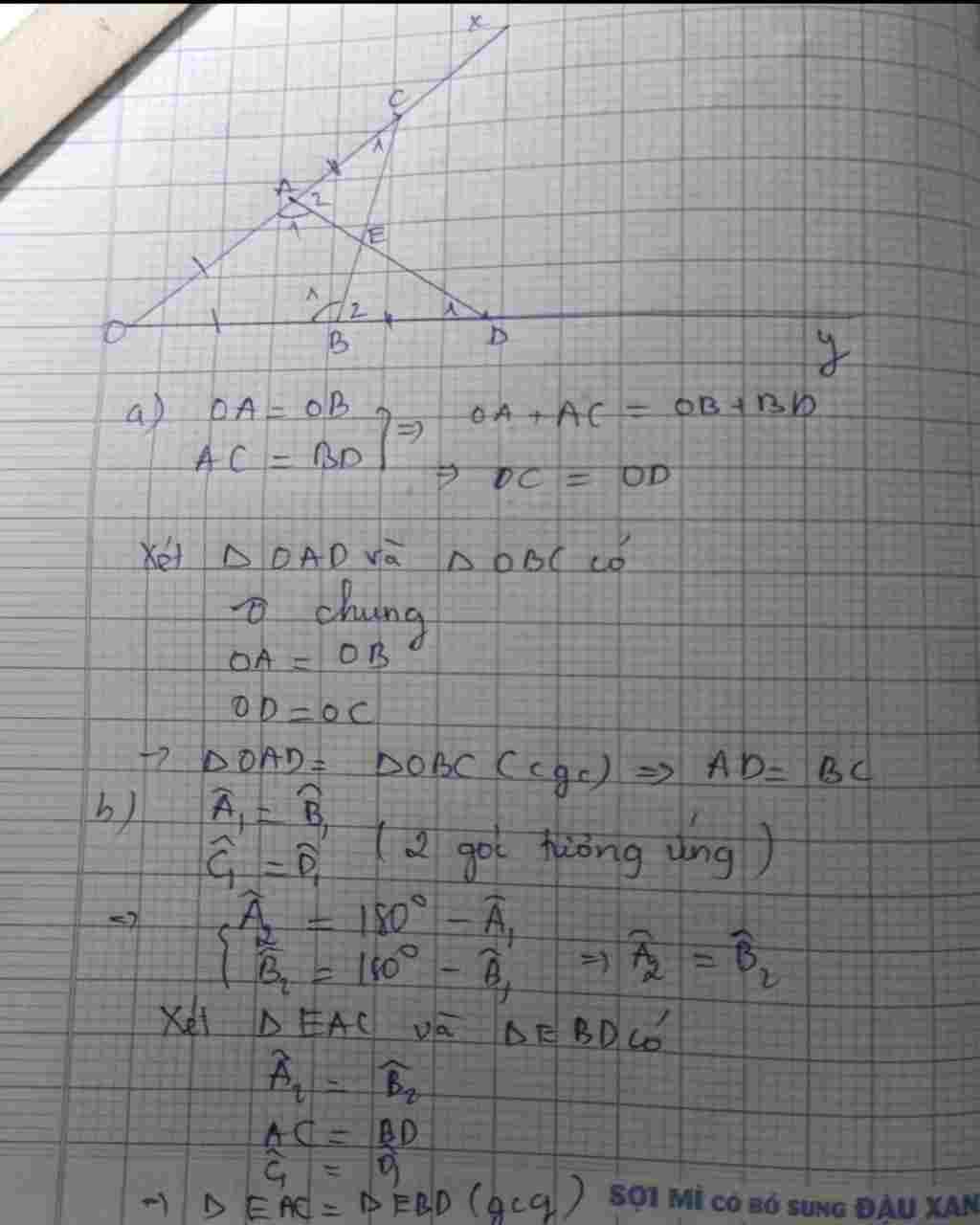 Toán Lớp 7: Cho góc nhọn xOy. Trên tia Ox lấy 2 điểm A, C. Trên tia Oy lấy điểm B, D sao cho OA ...