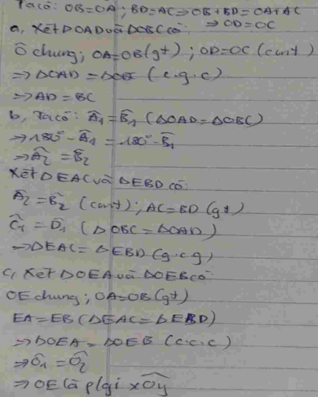 Toán Lớp 7: cho góc nhọn xOy. trên tia Ox lấy điểm A, trên tia Oy lấy điểm B sao cho OA=OB. trên ...