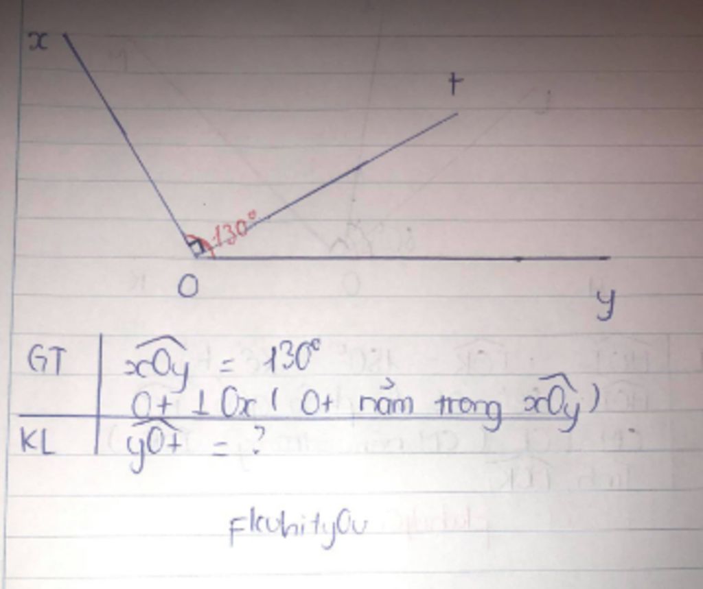 Toán Lớp 7: cho góc xoy=130 độ. vẽ trong góc xoy tia ot sao cho tia ot vuông góc với ox . tính yot