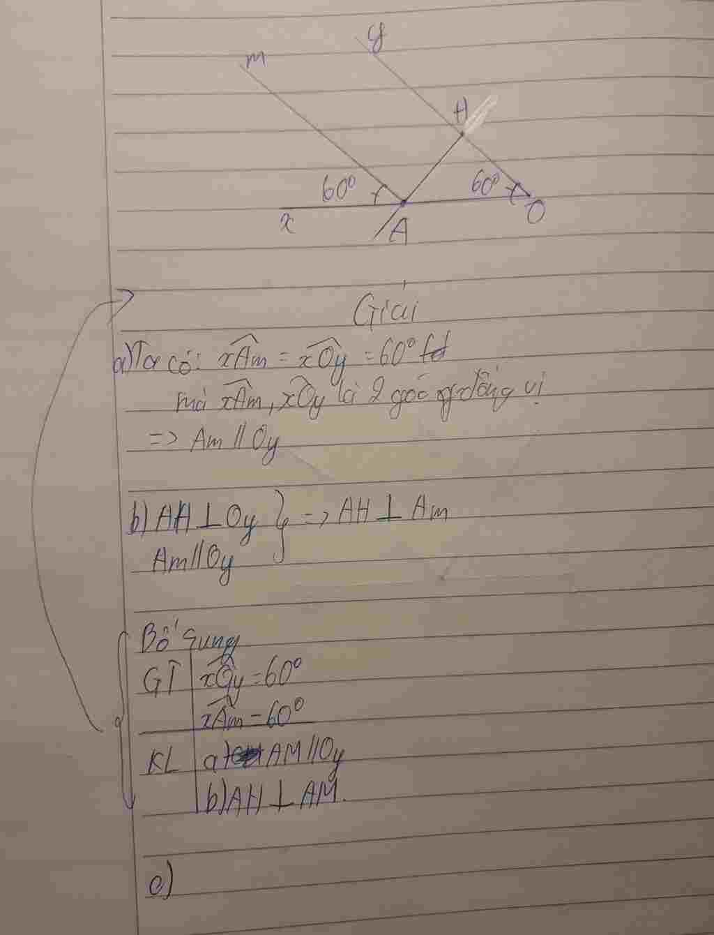 Toán Lớp 7: Cho xoy = 60 độ . Trên tia Ox lấy điểm A. Vẽ tia Am nằm trong góc xOy sao cho xAm ...