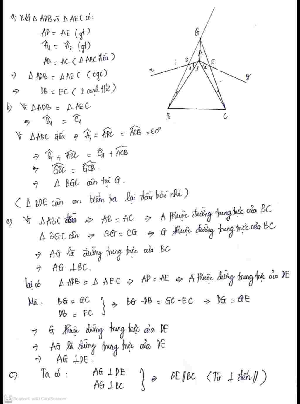 Toán Lớp 7: Cho tam giác ABC đều. Trên nửa mặt phẳng bờ AB không chứa C vẽ tia Ax sao cho góc ...