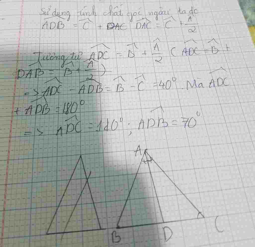 Toán Lớp 7: Cho tam giác ABC,tia phân giác AD (D thuộc BC).Tính góc ADB và góc ADC biết góc B ...