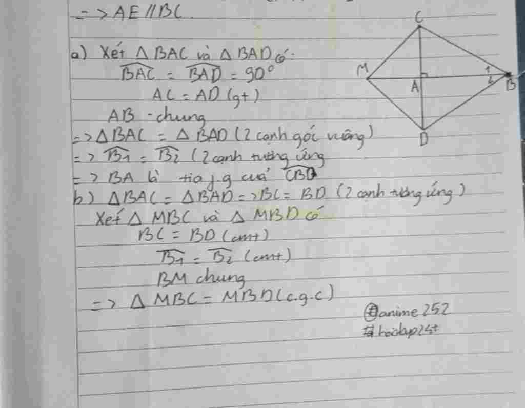Toán Lớp 7: Cho tam giác ABC vuông tại A. Trên tia đối của tia AC lấy điểm D sao cho AC = AD ...