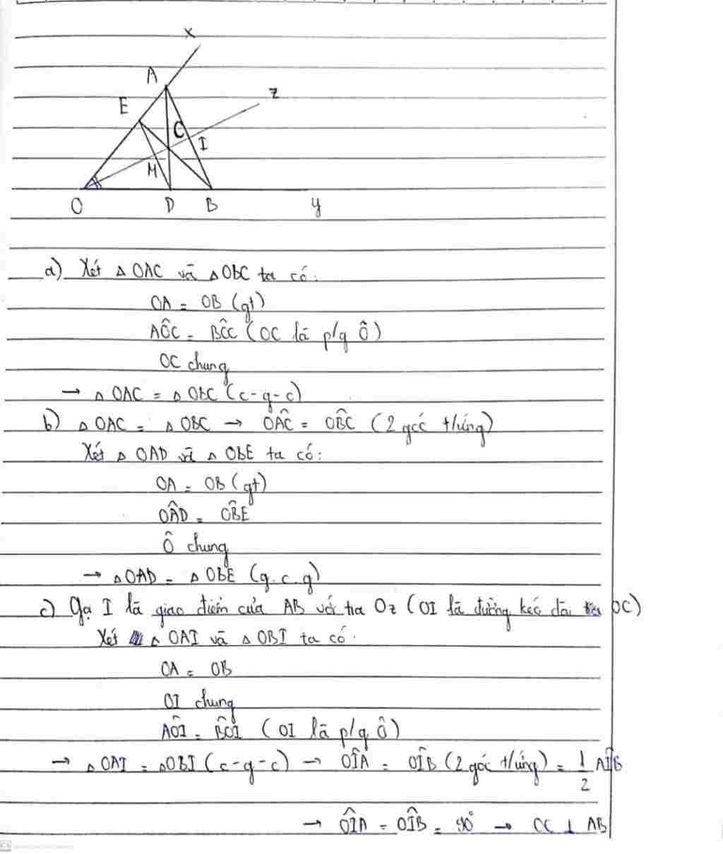 Toán Lớp 7: Cho $text{Oz}$ là tia phân giác của góc nhọn $widehat{xOy}$. Trên các tia $text{Ox ...