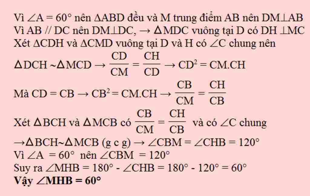 Toán Lớp 8: Ai giỏi toán hình thì vào đây làm hộ em Cho hình thoi ABCD có góc A = 60 độ. Gọi M ...