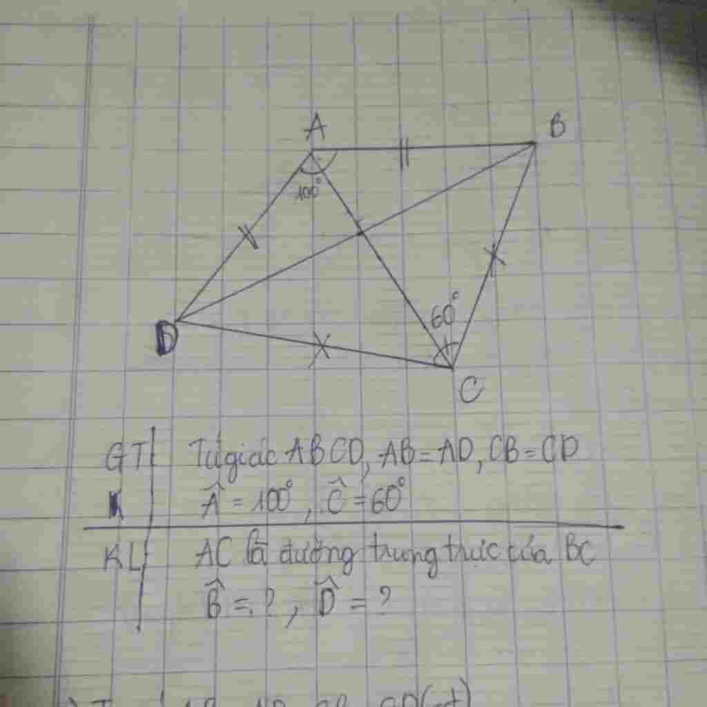 Toán Lớp 8: b1 cho tứ giác ABCD có AB = AD , CB = CD a) CMR: AC là ...