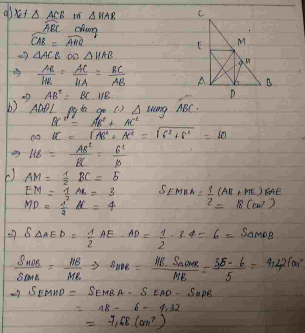 Toán Lớp 8: Bài 1: Cho ABC vuông tại A có AB = 6 cm, AC = 8 cm, đường cao AH, trung tuyến AM. a ...