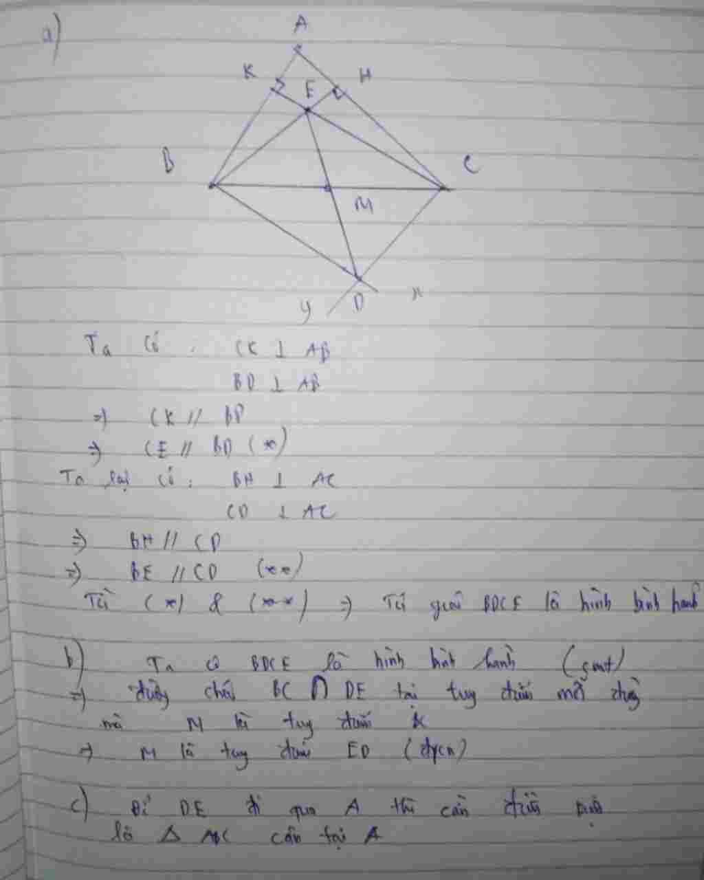 Toán Lớp 8: Bài 10: Cho tam giác nhọn ABC, dưong cao BH, CK cắt nhau tại E. Qua B kẻ đường thẳng ...