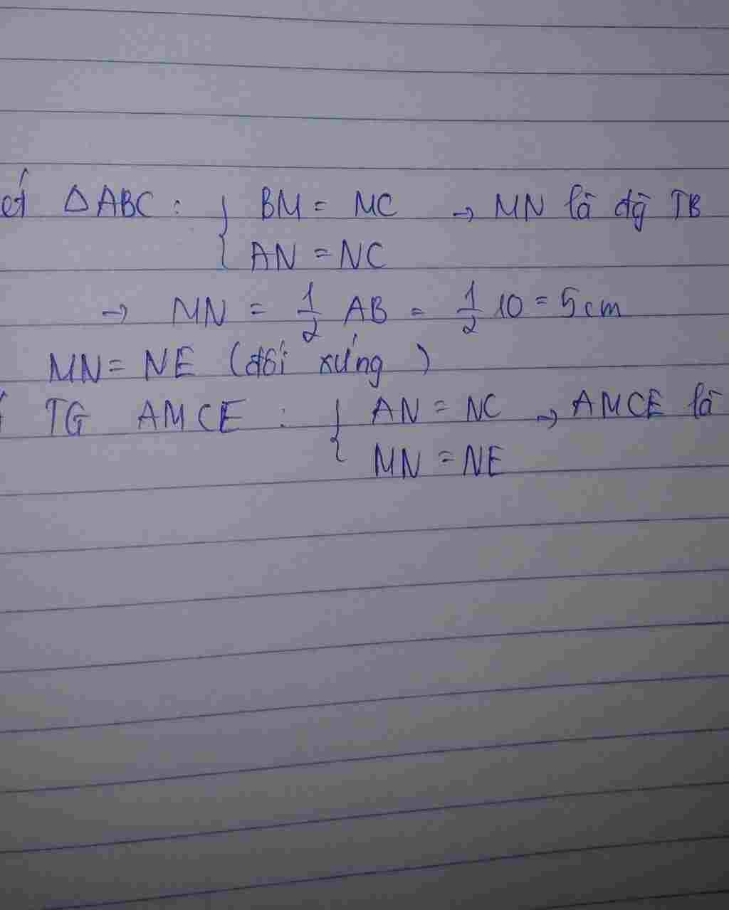 Toán Lớp 8: Bài 4: Cho tam giác ABC vuông tại A có AB = 10cm. . Gọi M và N lần lượt là trung ...