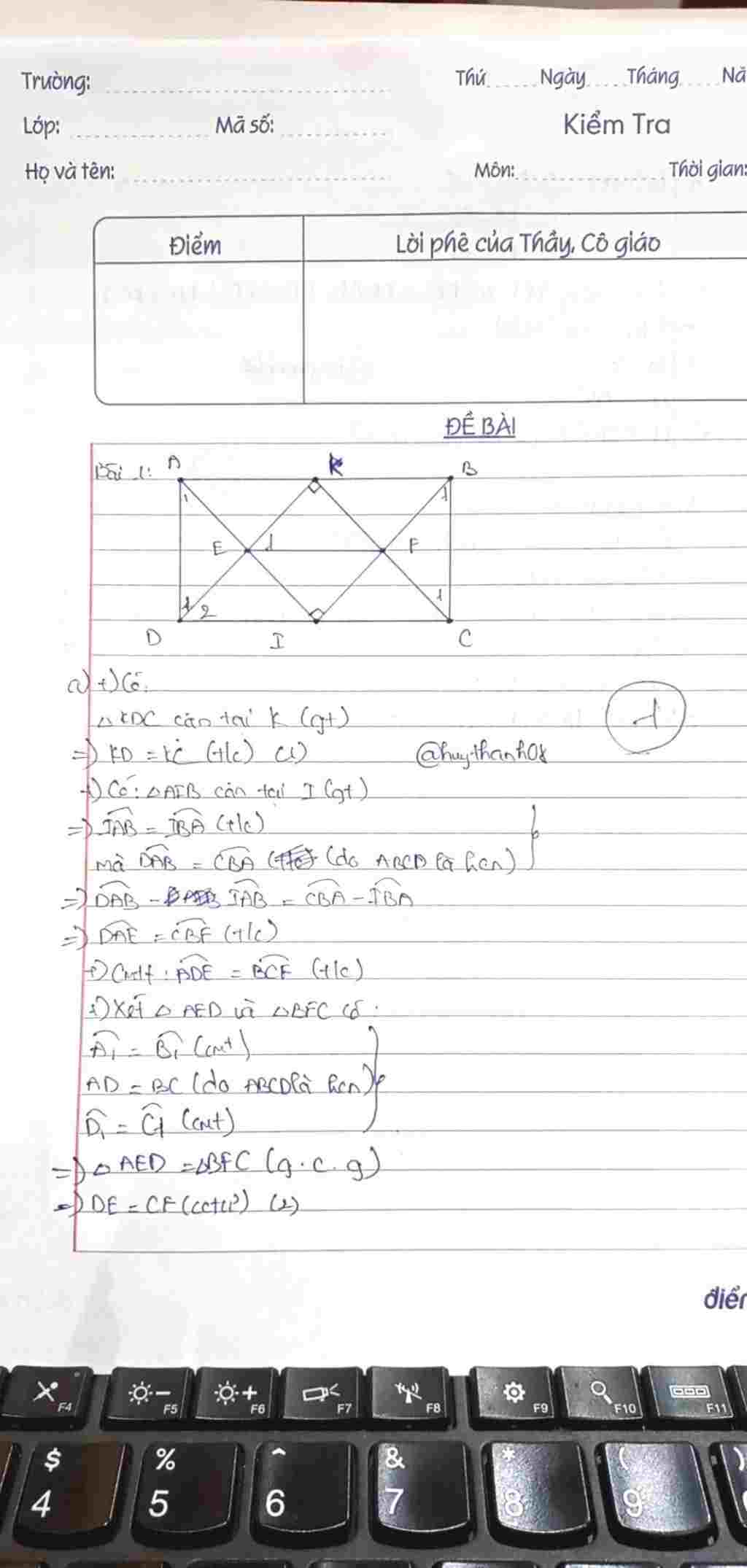 Toán Lớp 8: Cho hình chữ nhật ABCD (AD
