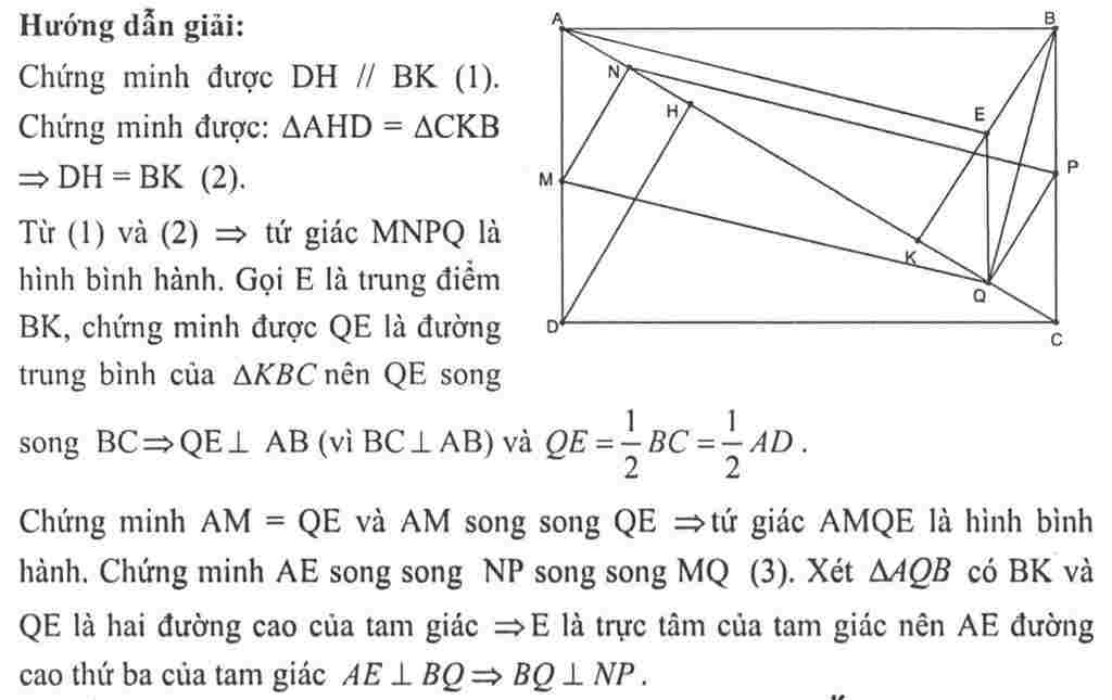 Toán Lớp 8: cho hình chữ nhật ABCD. H K lần lượt là hình chiếu của D và B trên AC. Gọi M N P Q ...