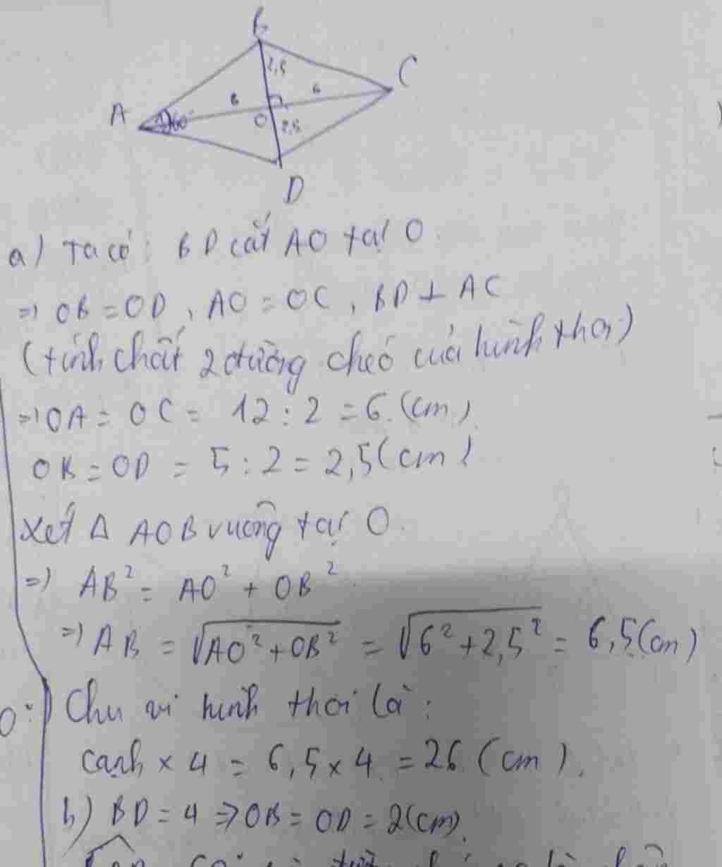 Toán Lớp 8: Cho hình thoi ABCD. Tính chu vi hình thoi trong từng trường ...