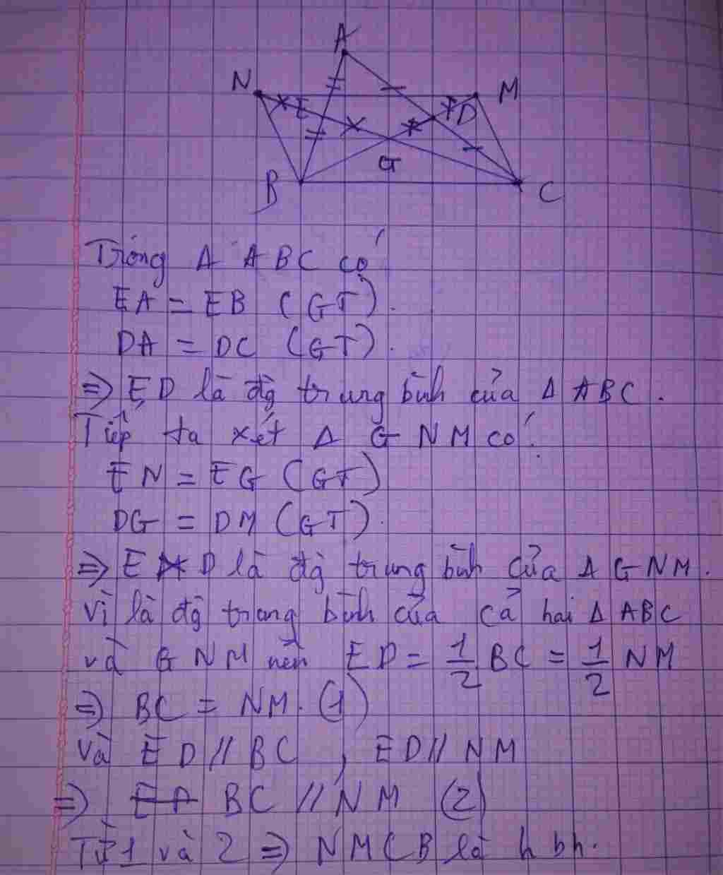Toán Lớp 8: Cho tam giác ABC, Các đường trung tuyến BD, CE cắt nhau tại G.Vẽ M, N sao cho D là ...