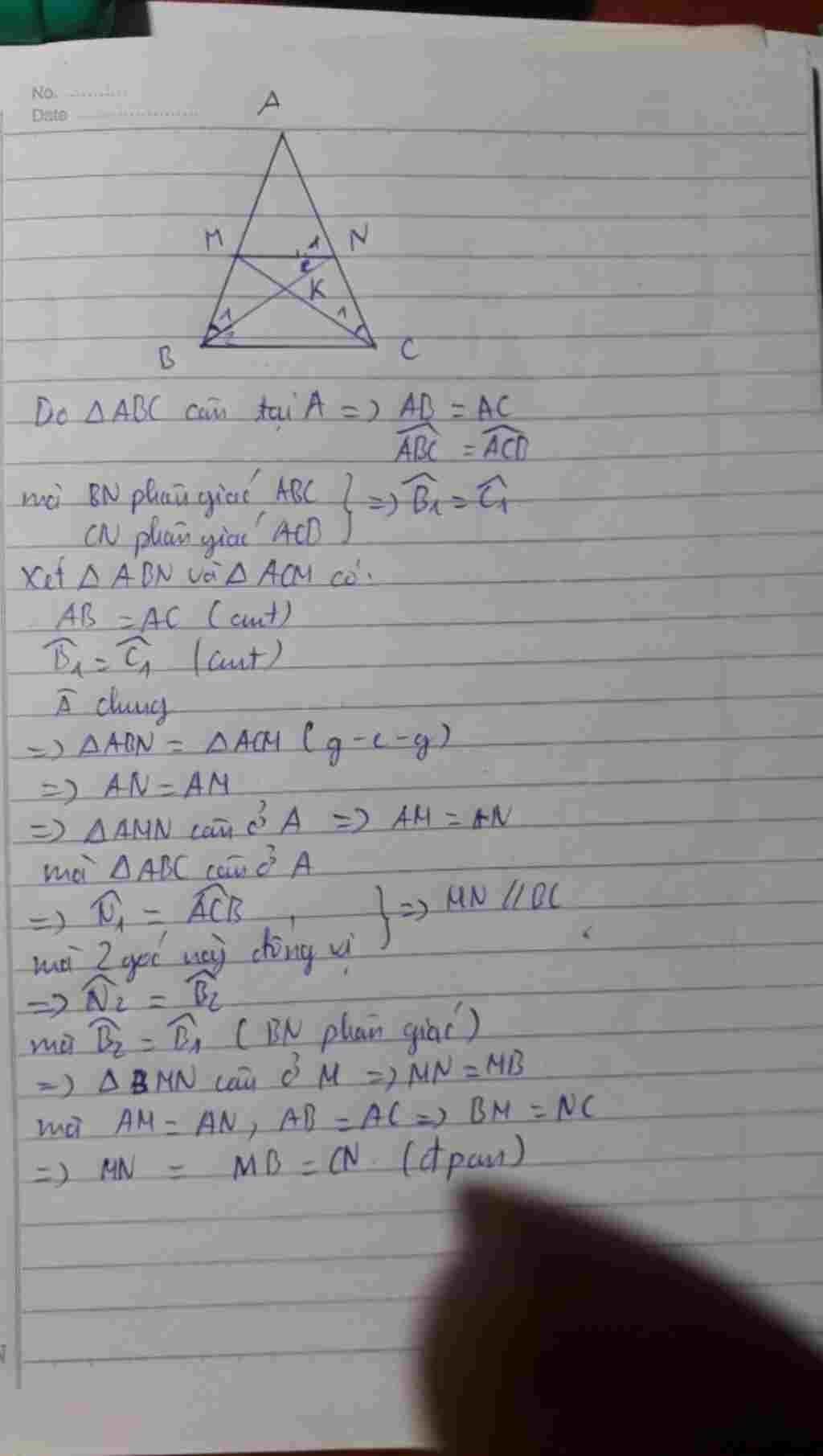 Toán Lớp 8: Cho tam giác ABC cân tại A, hai đường phân giác BN và CM cắt nhau tại K. Chứng minh ...