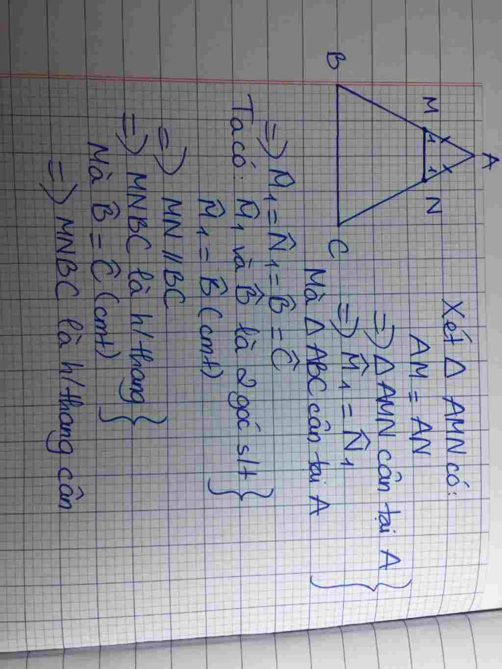 Toán Lớp 8: cho tam giác ABC cân tại A, lấy m thuộc AB,N thuộc AC sao cho AM =AN,chứng minh MNCB ...