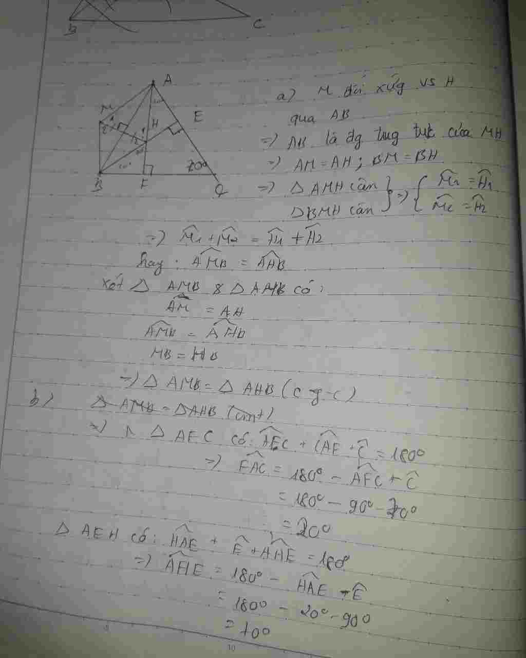 Toán Lớp 8: Cho tam giác ABC . Kẻ đường cao BE , AF cắt nhau tại H . Gọi M đối xứng H qua AB. a ...
