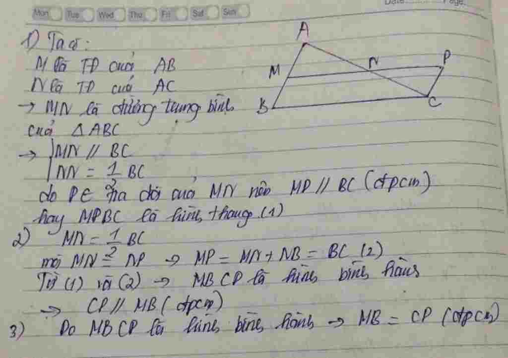 Toán Lớp 8: cho tam giác ABC, M&N theo thứ tự là trung điểm AB&AC,,Trên tia đối của tia Mn lấy ...
