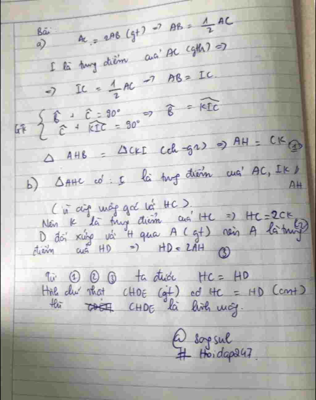 Toán Lớp 8: Cho tam giác ABC vuông tại A có AC = 2 . AB, đường cao AH. Gọi D là điểm đối xứng ...