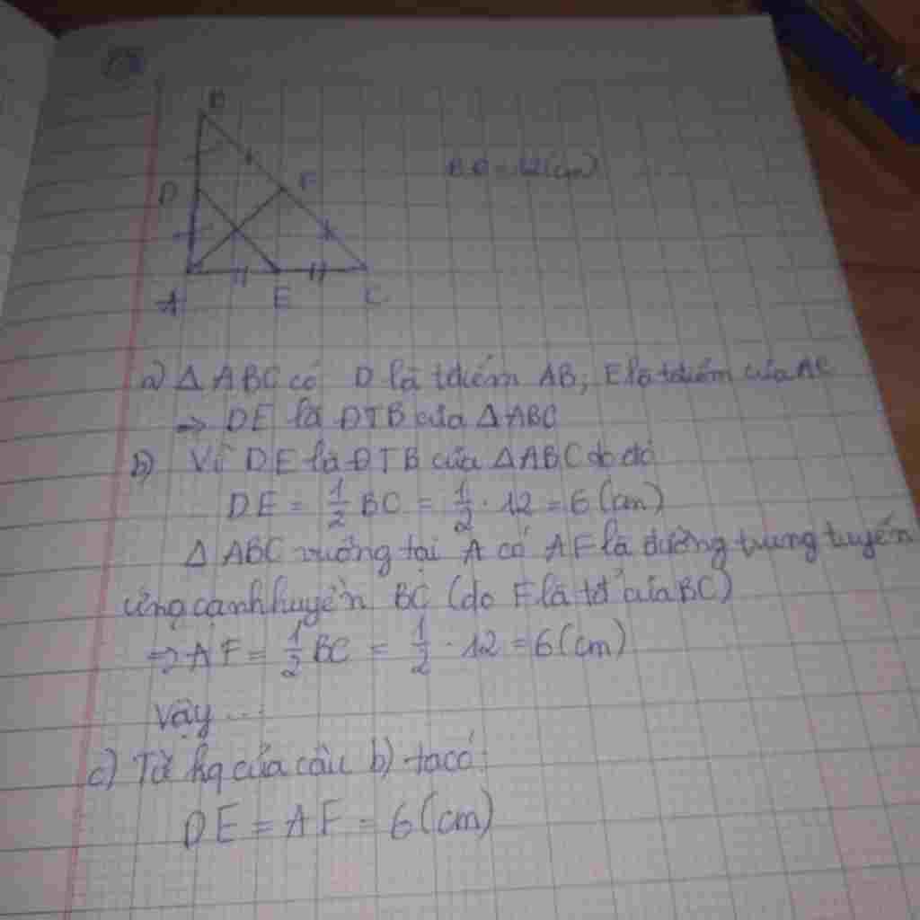 Toán Lớp 8: Cho tam giác ABC vuông tại A. Gọi D,E,F lần lượt là trung điểm của AB,AC,BC a) c/m ...