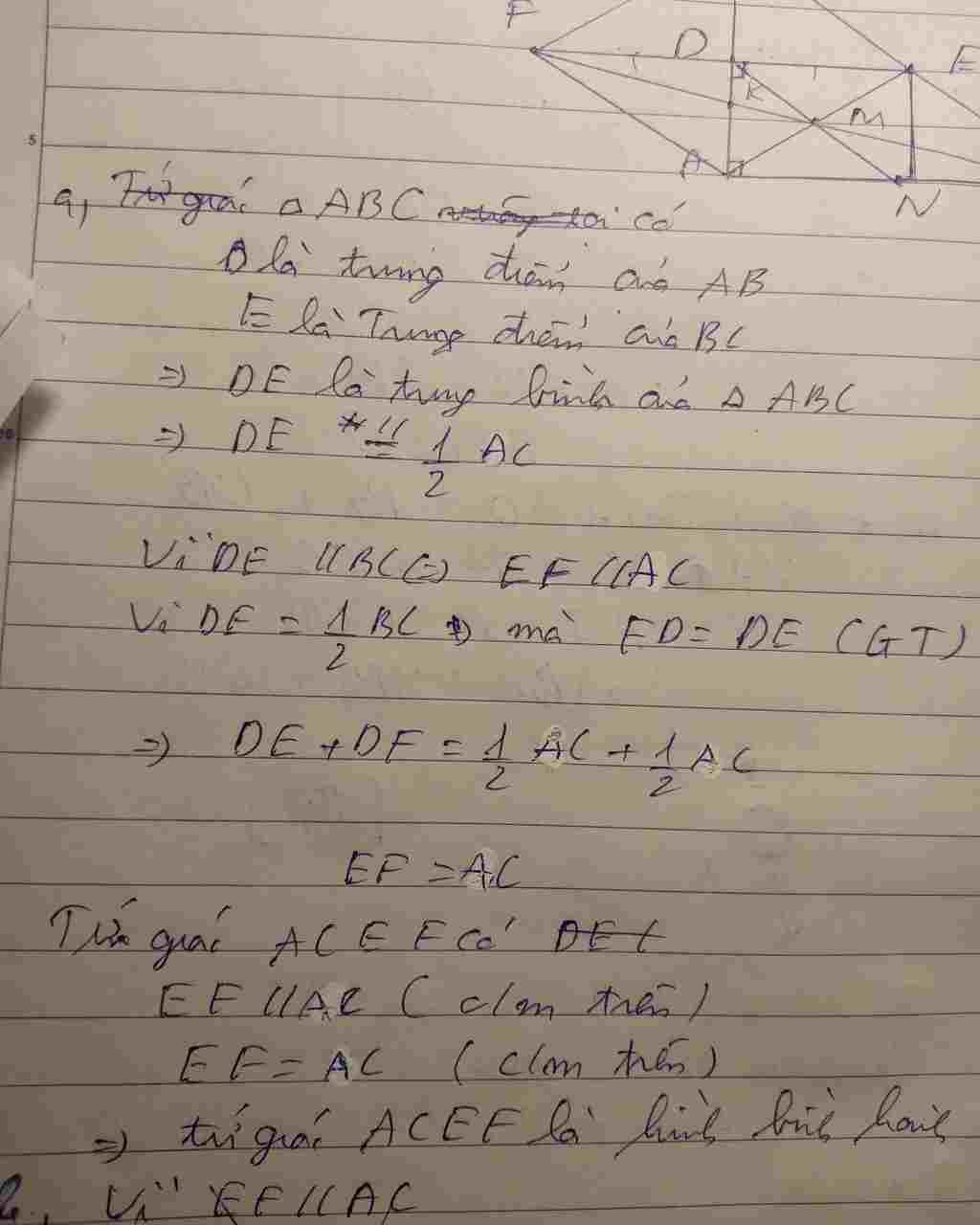 Toán Lớp 8: cho tam giác ABC vuông tại A gọi, D và E lần lượt là trung điểm của AB và BC, trên ...