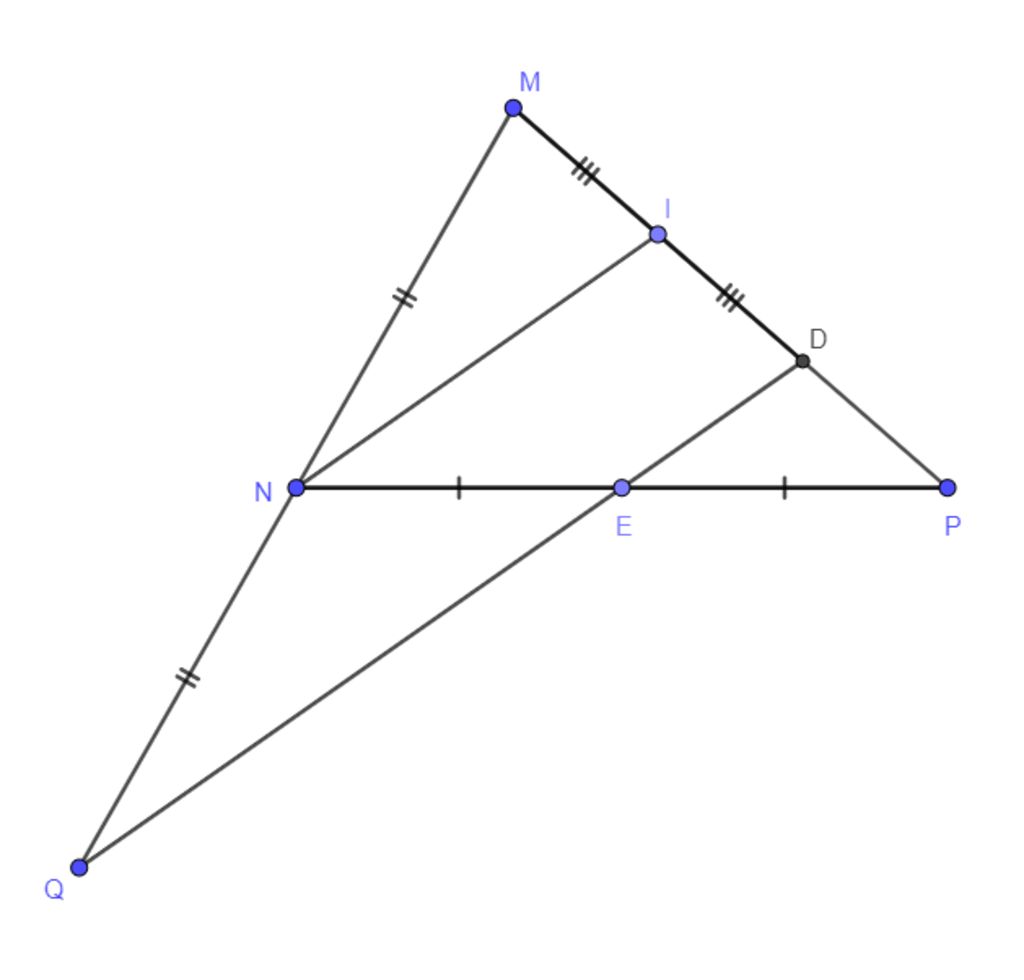 Toán Lớp 8: cho tam giác `MNP`, gọi `E` là trung điểm của `NP`. gọi `Q` là điểm đối xứng của `M ...