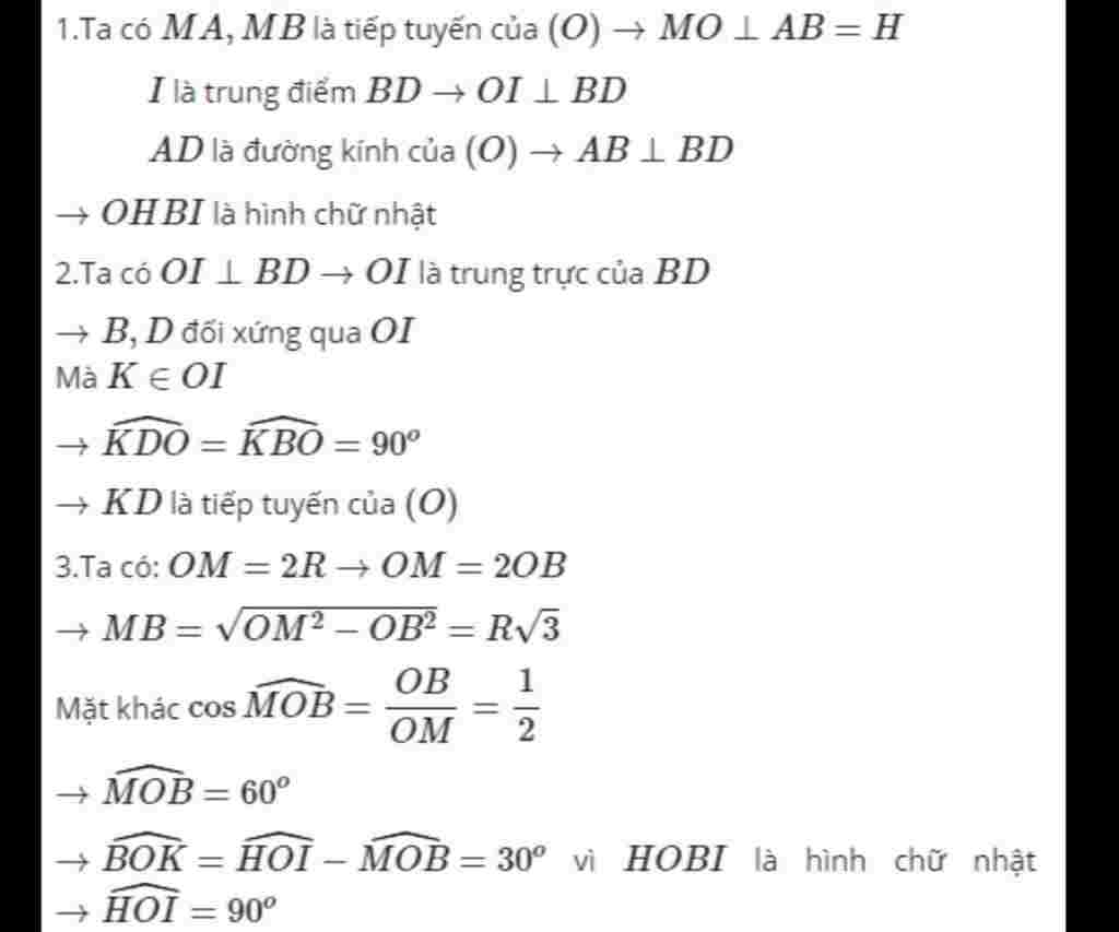 Toán Lớp 9: Cho điểm M nằm ngoài đường tròn (O,R). Từ M kẻ các tiếp tuyến MA, MB tới đường tròn ...