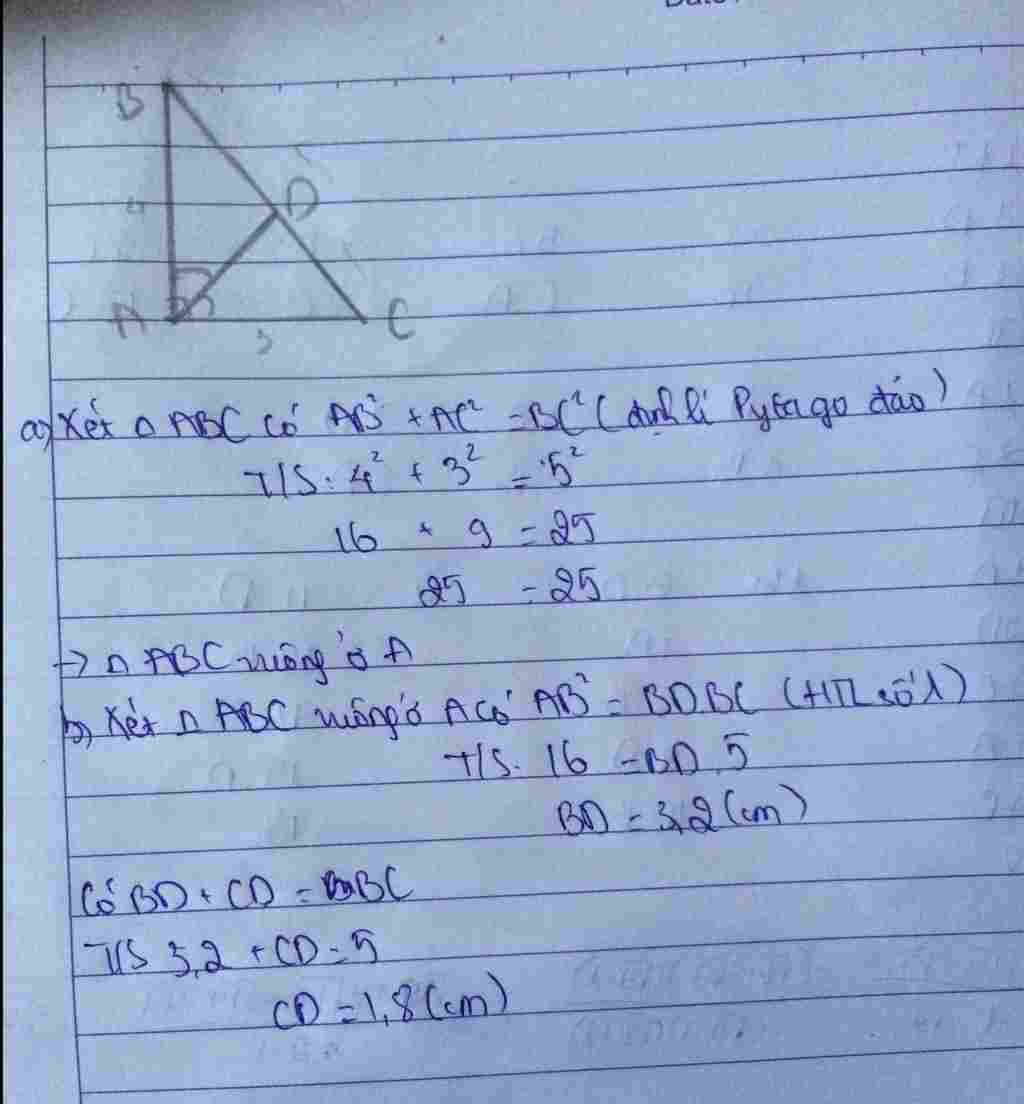 Toán Lớp 9: Cho tam giác ABC có AC=3cm, AB=4cm, BC=5cm a) chứng minh: tam giác ABC vuông. Tính ...