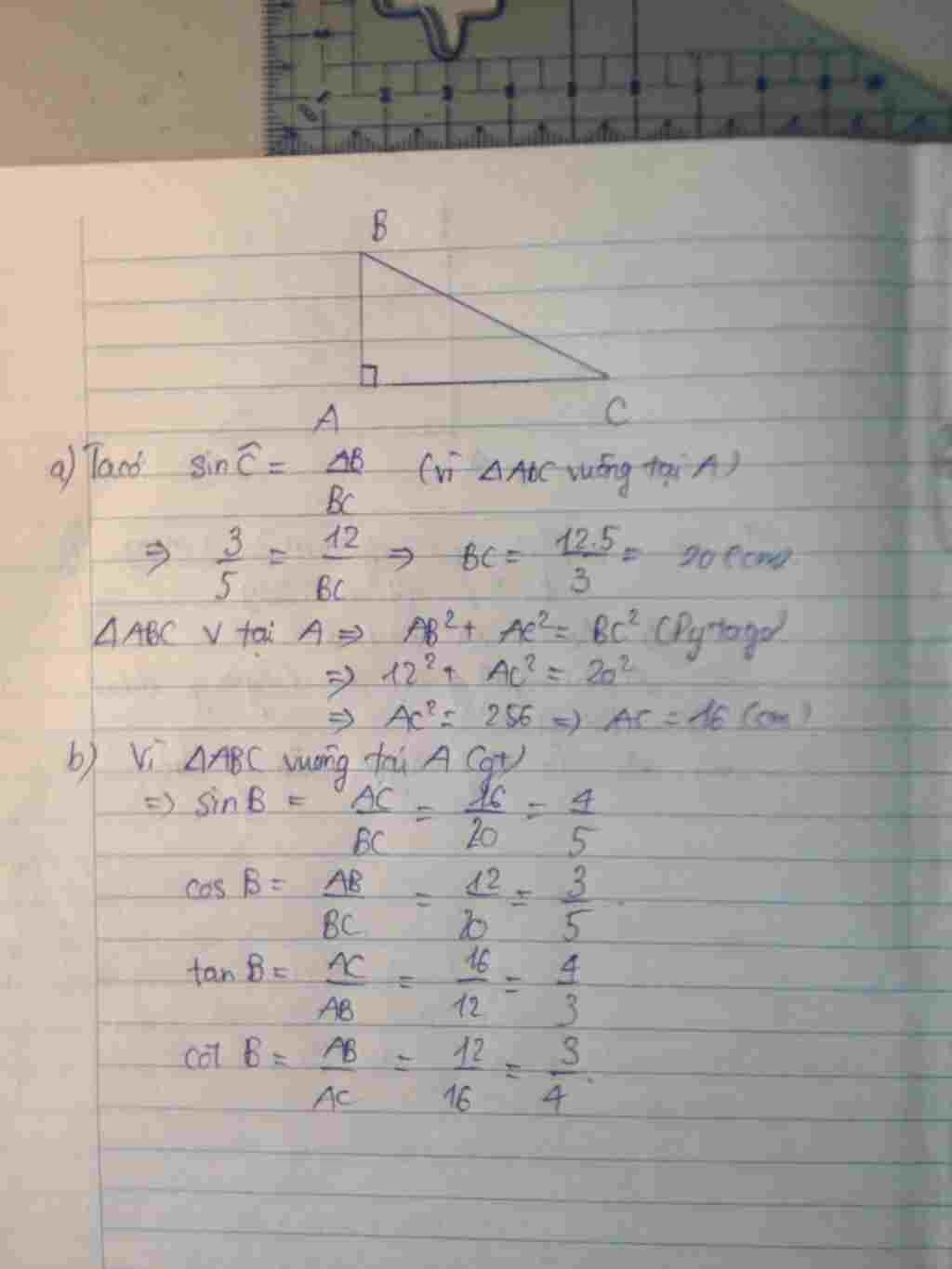 Toán Lớp 9: Cho tam giác ABC vuông tại a ; AB = 12 cm, Sin c= 3/5 a) tính AC, BC b) tính tỉ số ...