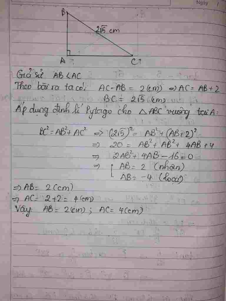 Toán Lớp 9: cho tam giác abc vuông tại A, bc= 2 căn 5 cm. tính độ dài 2 ...