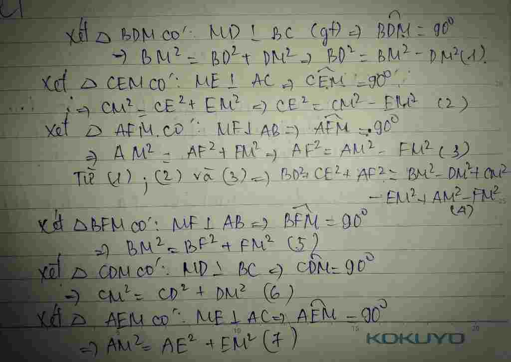 Toán Lớp 9: Cho tam giác vuông ABC. Từ một điểm M bất kì trong tam giác kẻ D,ME,MF lần lượt ...